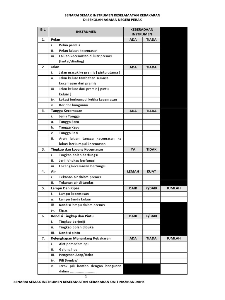 Senarai Semak Instrumen Keselamatan Kebakaran | PDF