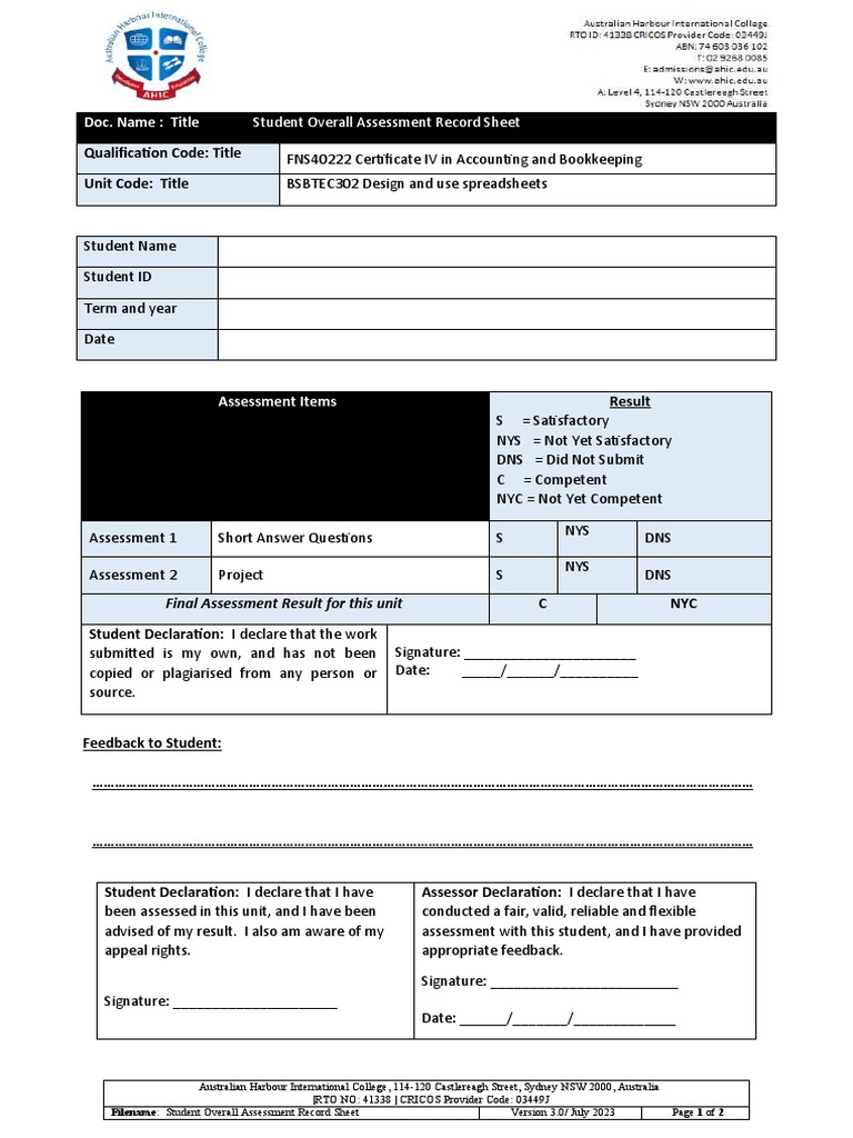 Student Assessment Record | PDF
