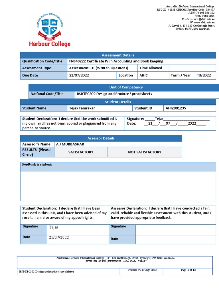 Tejas_BSBTEC302 Student Assessment 2 (2) | PDF | Plagiarism | Spreadsheet