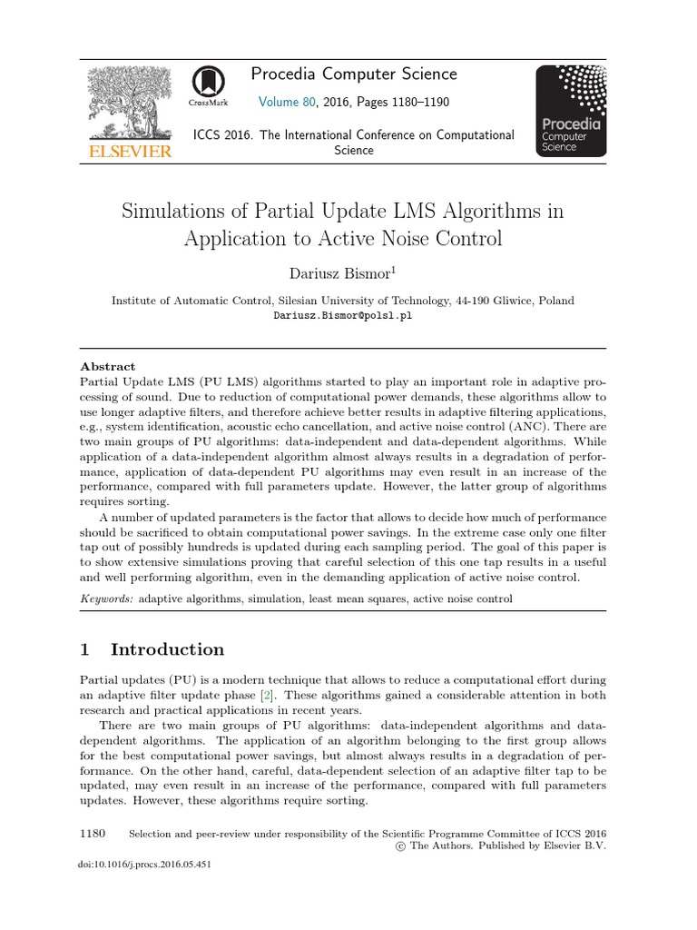 Simulation of Prtial Update LMS Algorithms in Application To Active Noise Control | PDF
