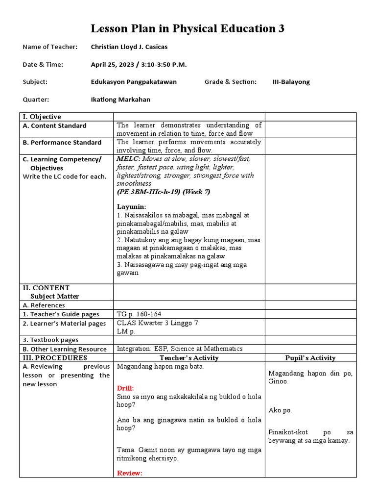 Lesson Plan in Physical Education 3 | PDF