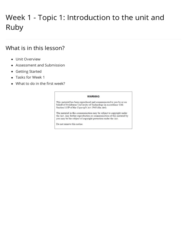 Week 1 - Topic 1_ Introduction to the unit and Ruby.pdf | PDF | Mac Os | Electronic Health Record