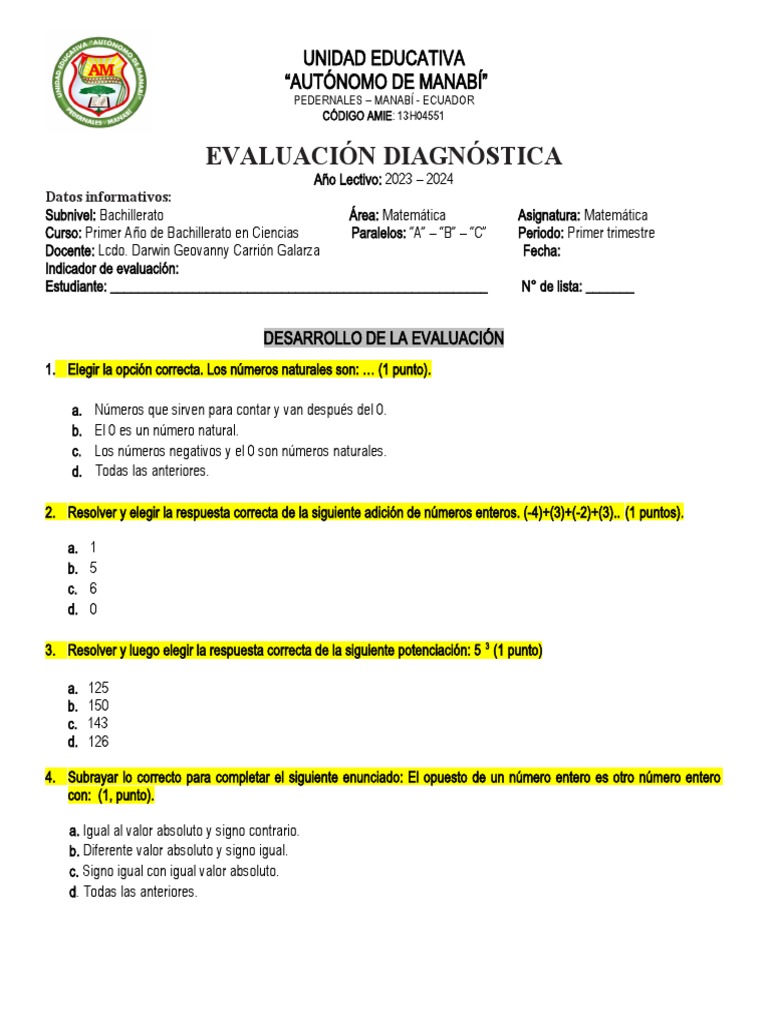 EVALUACIÓN DIAGNÓSTICA 1RO BGU.docx | PDF