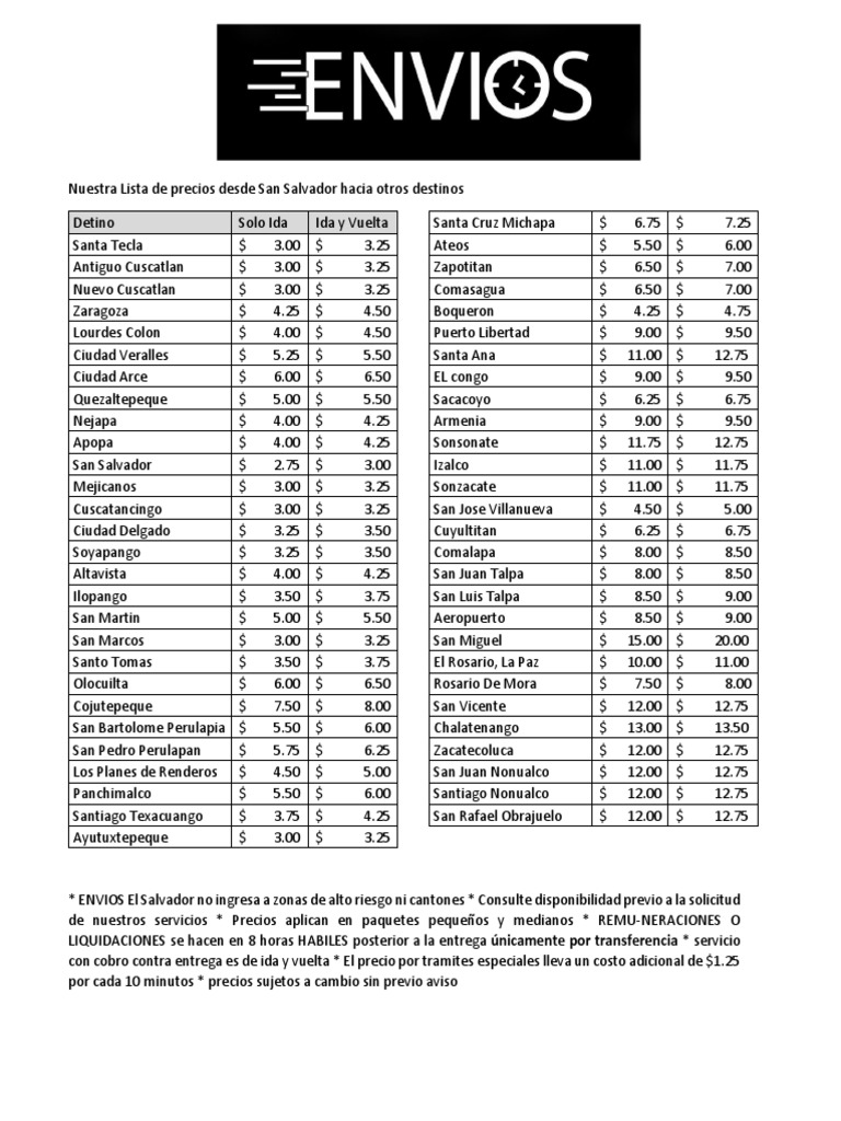 SS Tabla de Precios ENVIOS EL SALVADOR | PDF