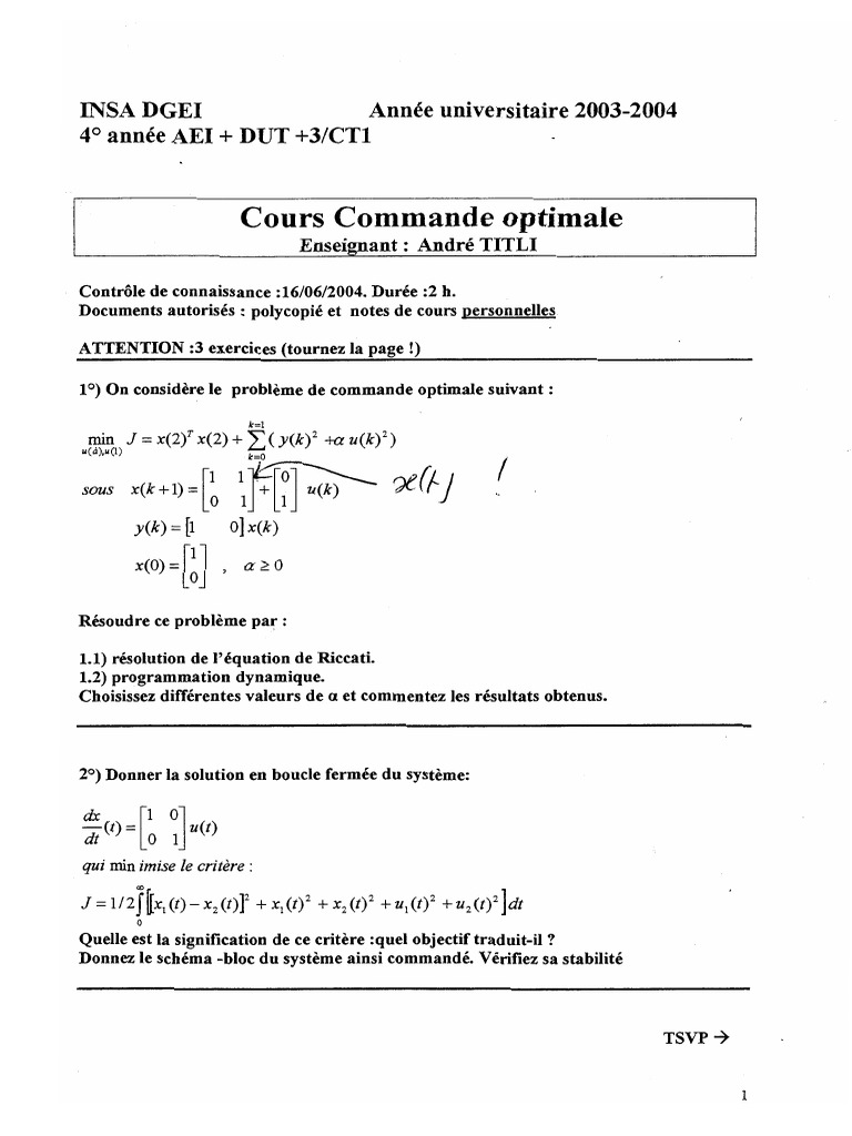 Exercices de Commande Optimale PDF | PDF