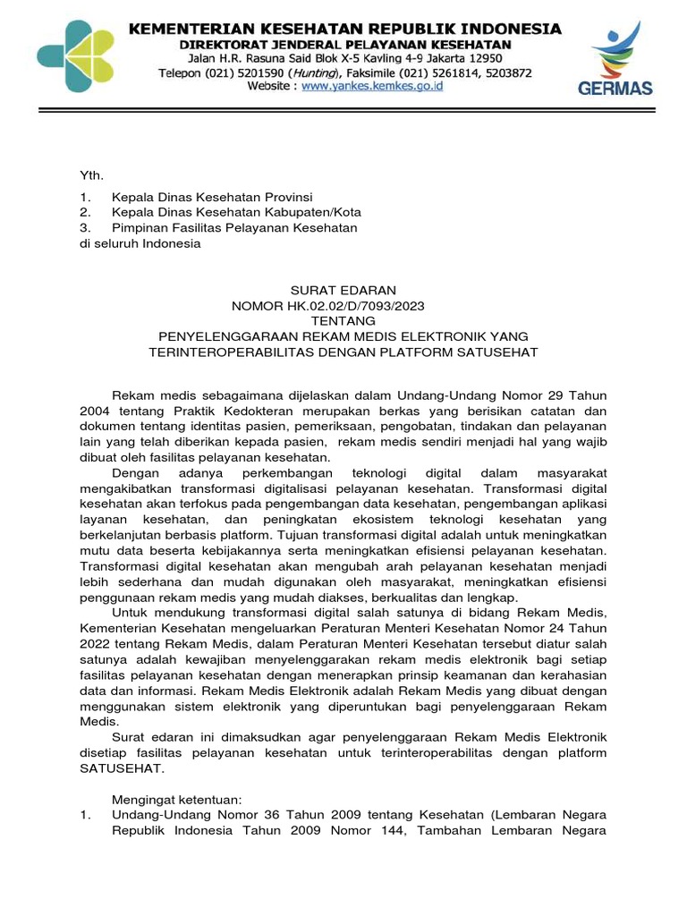Surat Edaran Dirjen Yankes TTG Penyelenggaraan RME Yang ...