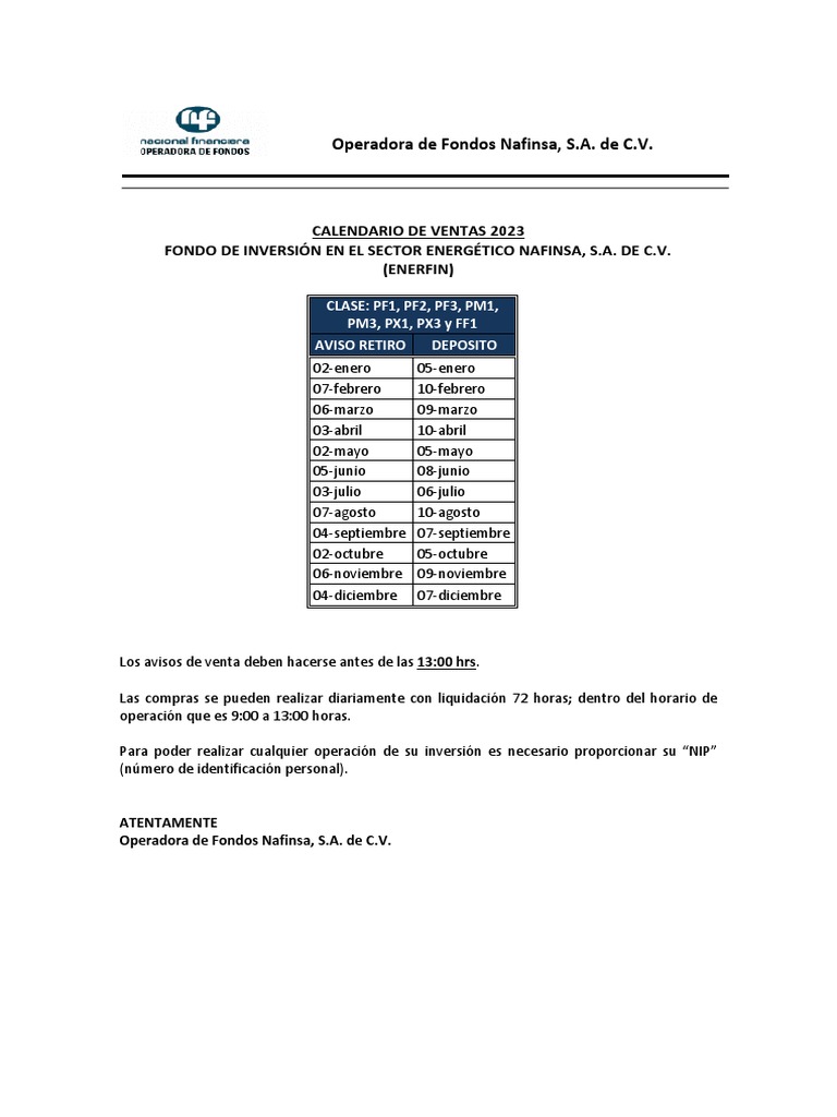 Calendario 2023 Enerfin PDF | PDF