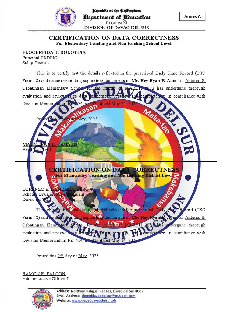 Certification On Data Correctness For Elementary - Annex A | PDF