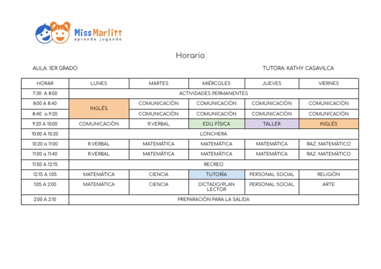 Horario de Clases 1er Grado 2023 | PDF