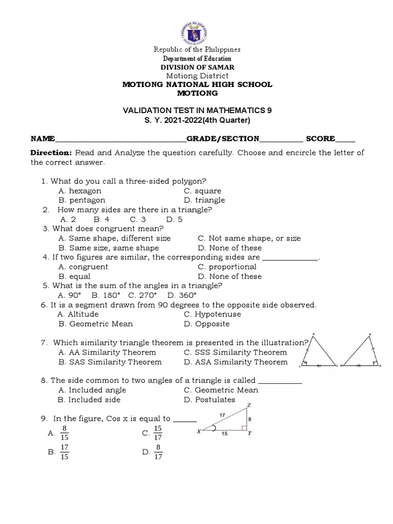 Validation Test in Mathematics 9: Analyzing Geometry and Trigonometry ...