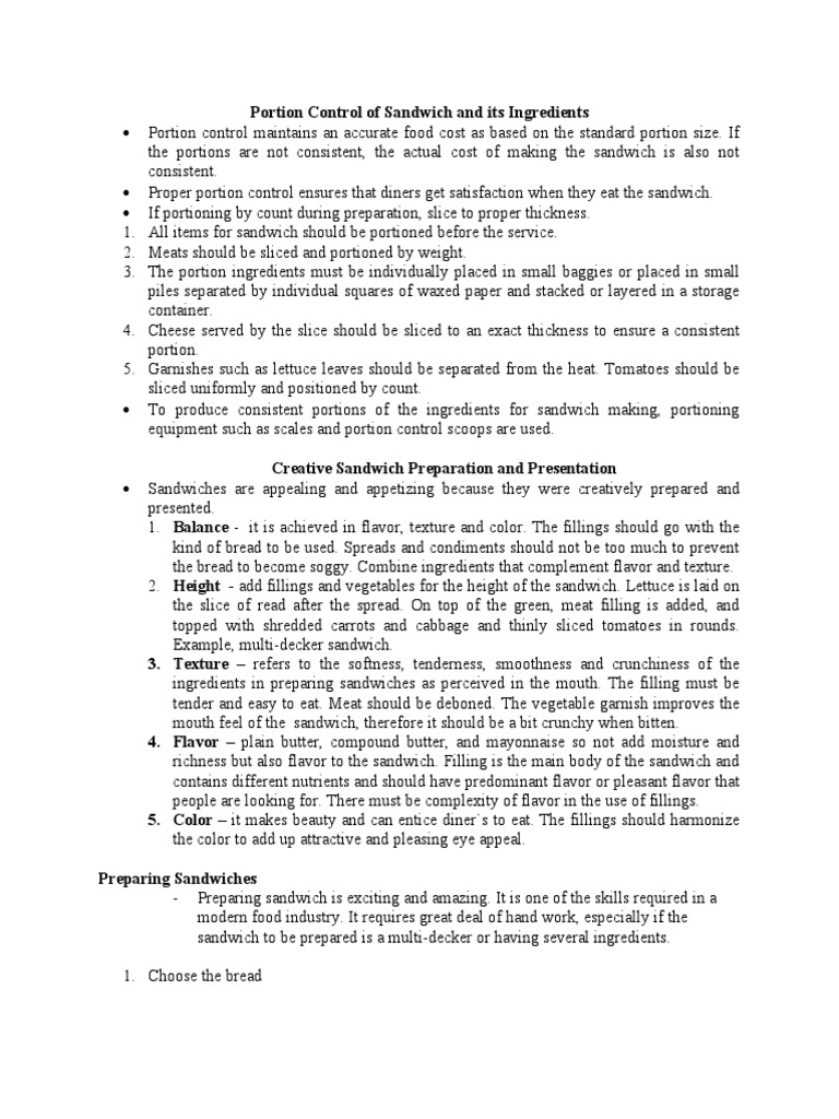 Portion Control of Sandwich and Its Ingredients | PDF