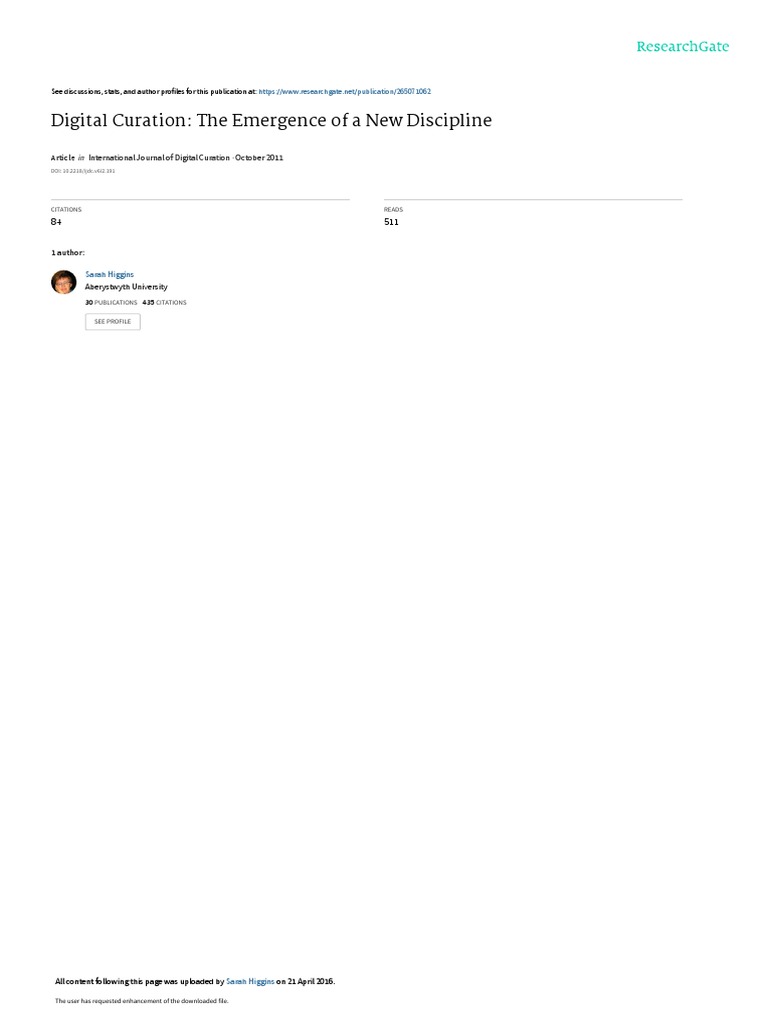 Digital Curation The Emergence of A New Discipline PDF | PDF