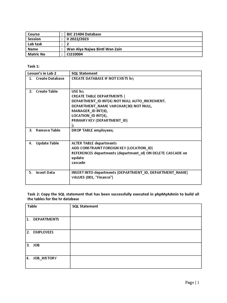 Lab Report 2: Creating and Manipulating Database Tables Using SQL Statements | PDF