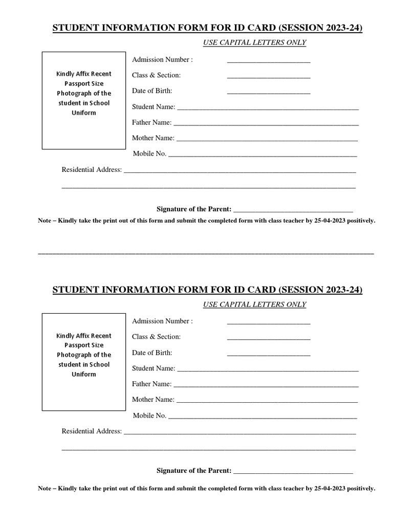 Student ID Card Form 2023-24 | PDF