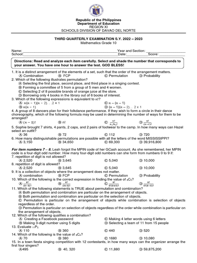 G10 Mathematics 3rdQuarterExam PDF | PDF | Permutation | Mathematics