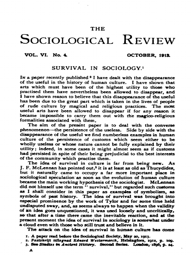 W. H. R. Rivers - "Survival in Sociology" | PDF