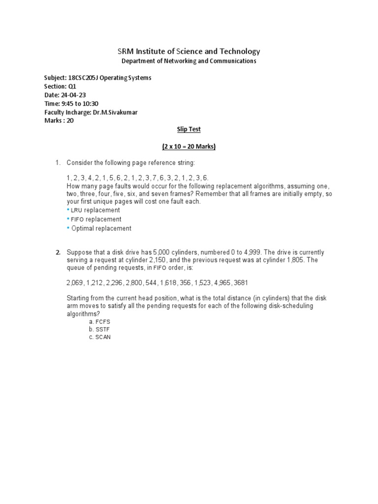 Operating Systems Slip Test | PDF | Technology & Engineering