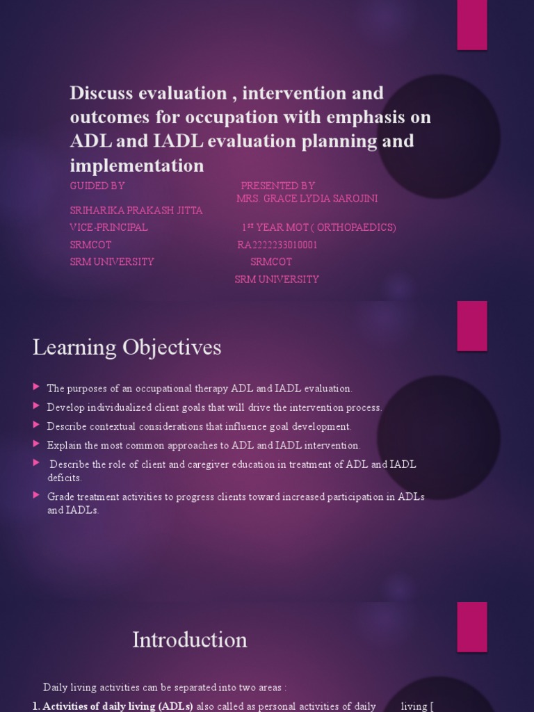 ADL and IADL Evaluation in OT | PDF | Occupational Therapy | Evaluation