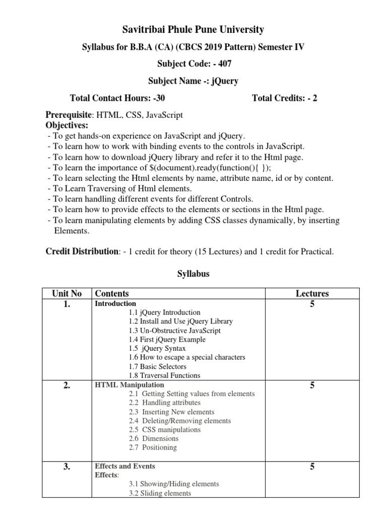 Syllabus of Add On Subject (407) Jquery For BBA (CA) Sem IV PDF | PDF