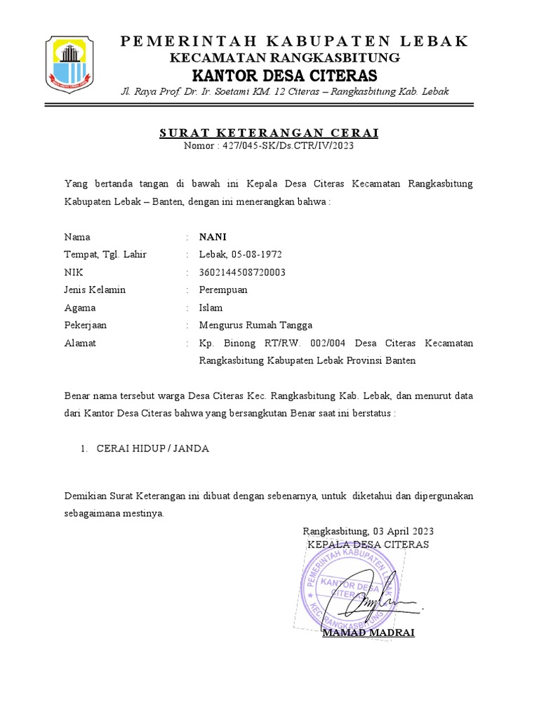 Surat Keterangan Status Cerai Citeras | PDF