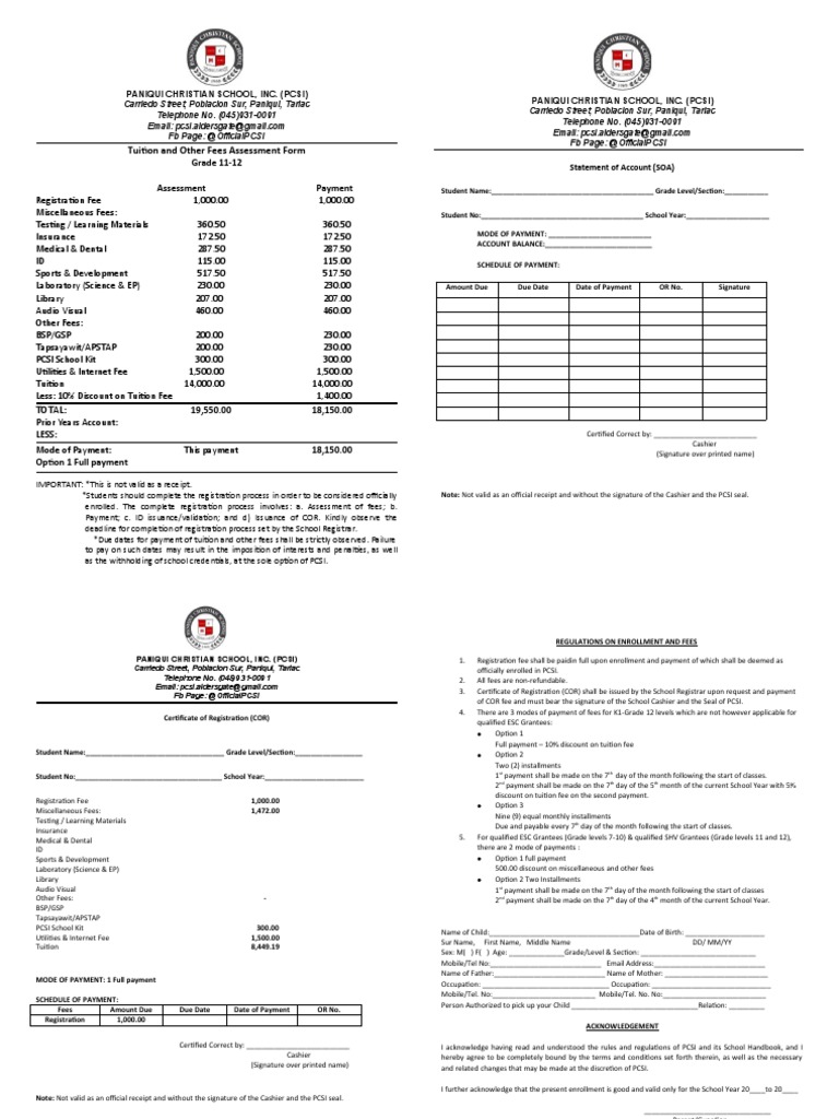 Tuition and Other Fees Assessment Form Grade 11-12 Assessment Payment | PDF