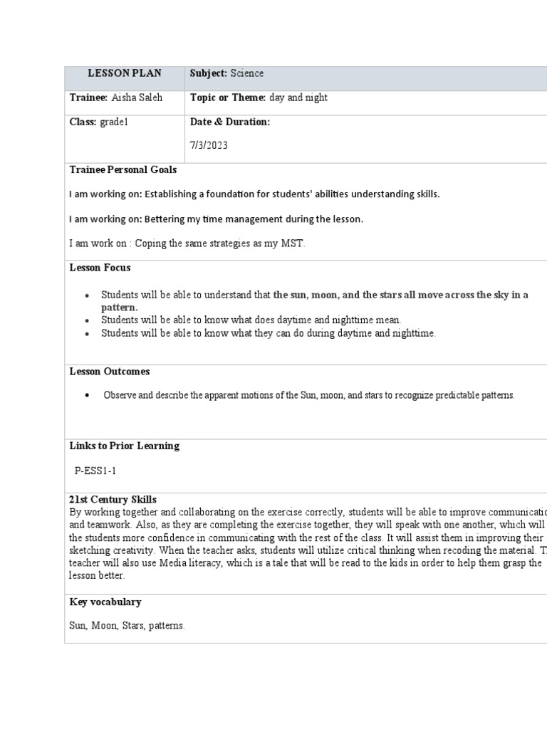 Day and Night Lesson Plan for Grade 1 | PDF