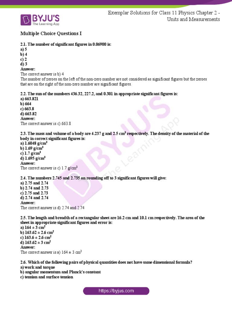Ncert Exemplar For Class 11 Phy Chapter 2 PDF | PDF
