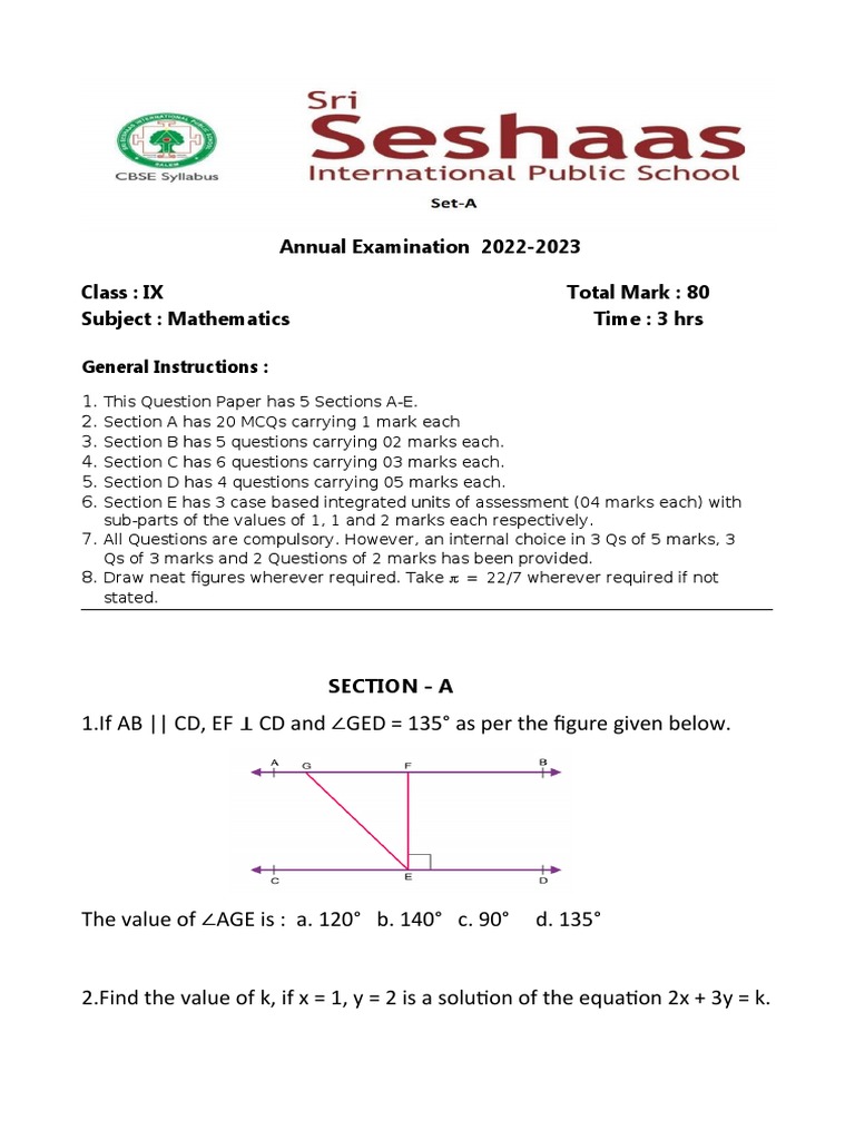 Class IX Math Question Paper | PDF | Teaching Methods & Materials