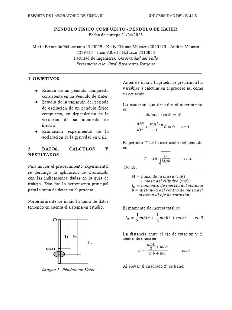Péndulo Físico Compuesto - Pendulo de Kater | PDF