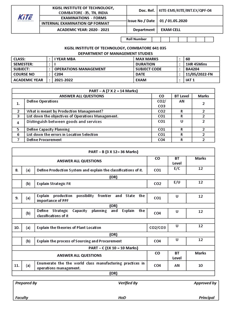 Ba4204 Om Iat 1 Question Paper | PDF