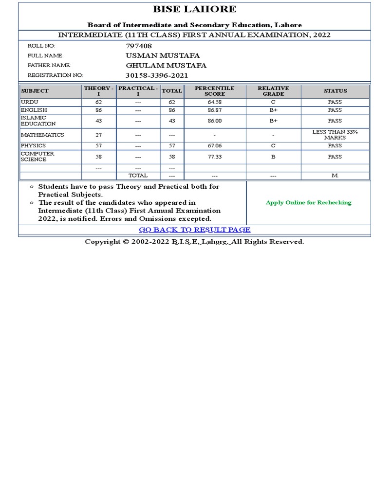 Bise Lahore Examination Result Status Sheet PDF | PDF