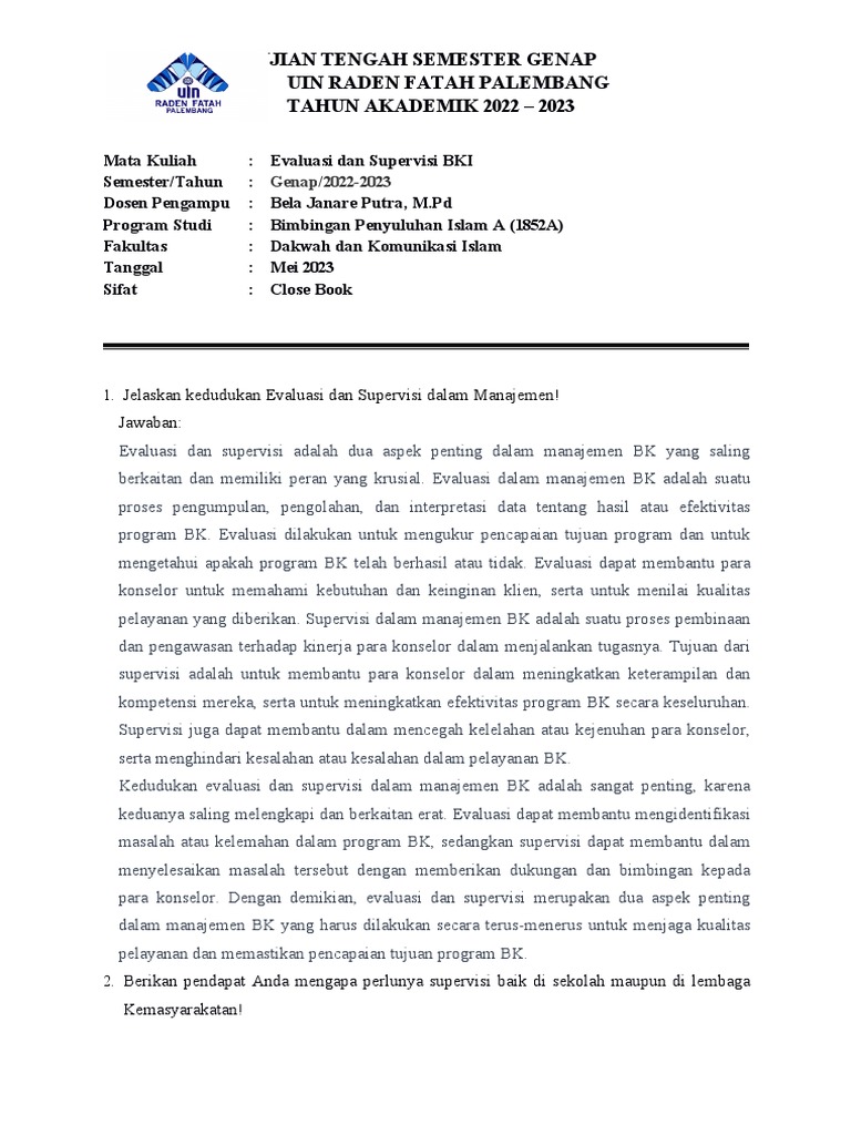 Jawaban UTS Indah Maya Sari (2030502128) Evaluasi Dan Supervisi BKI PDF | PDF