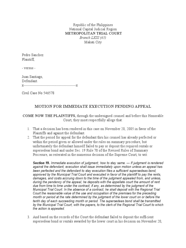 Motion For Execution Pending Appeal | PDF | Law