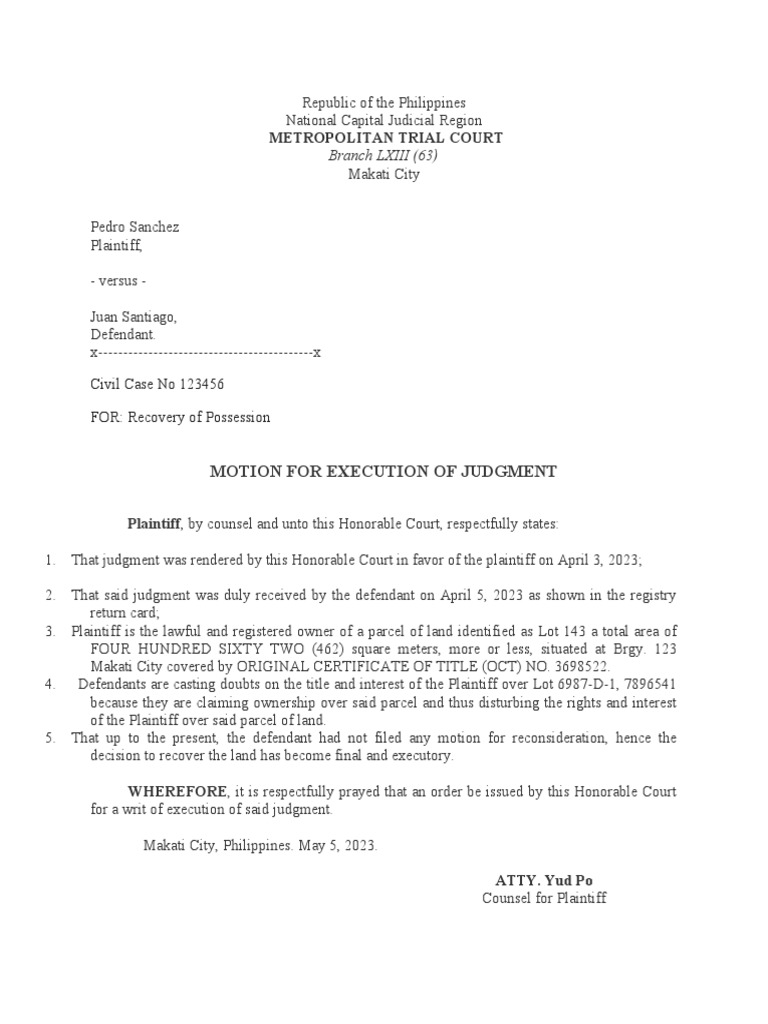 MOTION FOR EXECUTION RECOVERY OF Possession | PDF