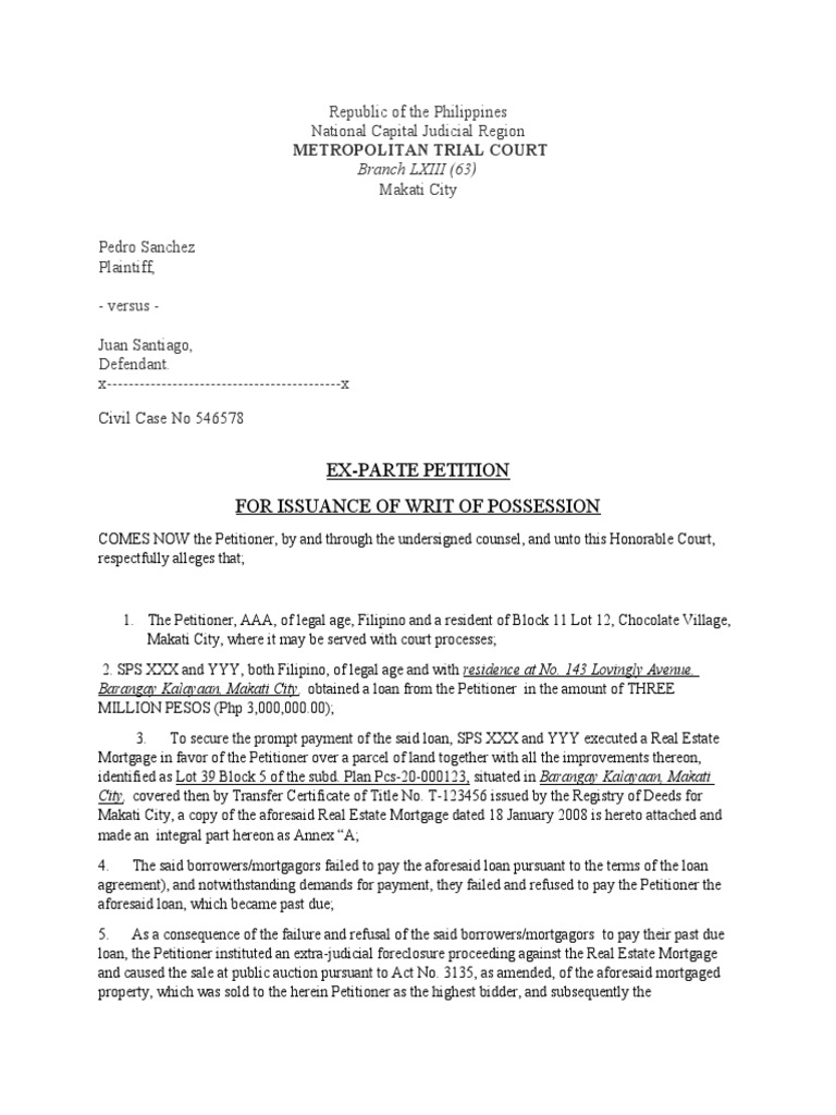 Motion For Issuance of A Writ of Possession | PDF | Law