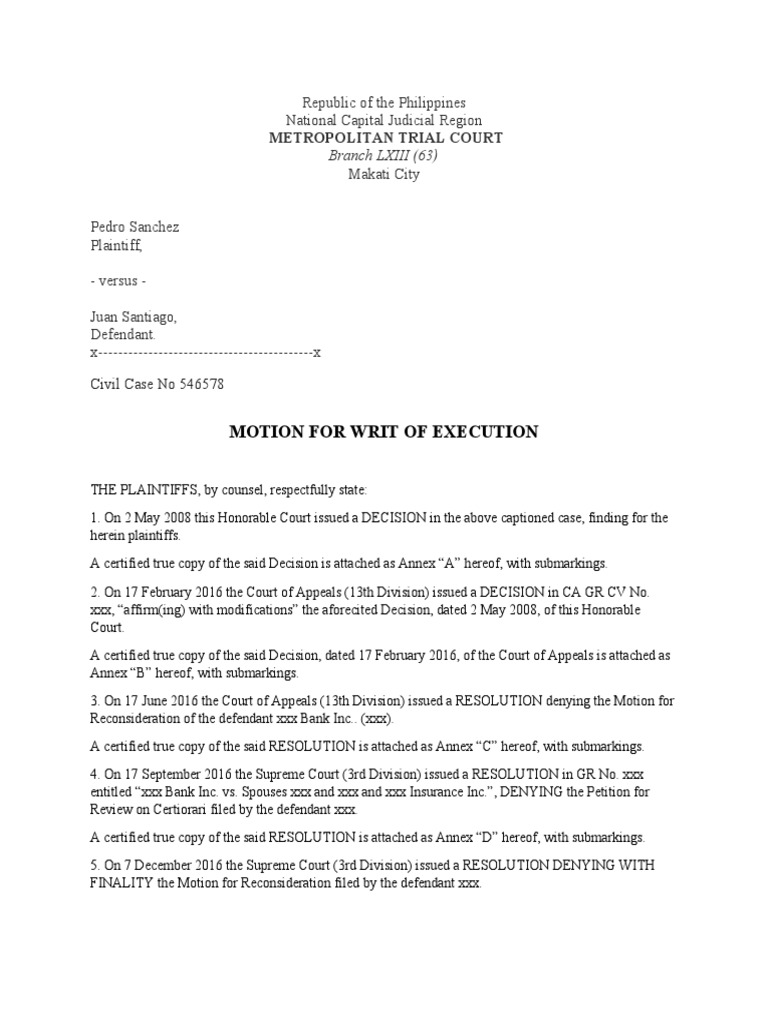 Motion For Writ of Execution | PDF