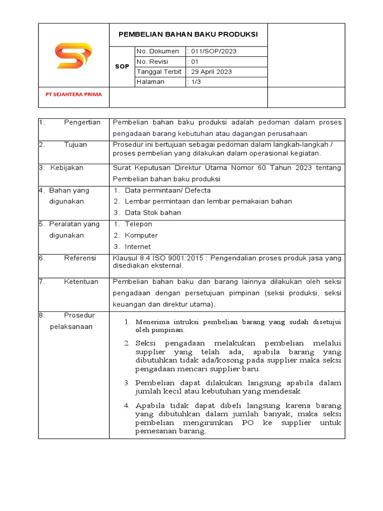 SOP Pembelian Bahan Baku Produksi | PDF