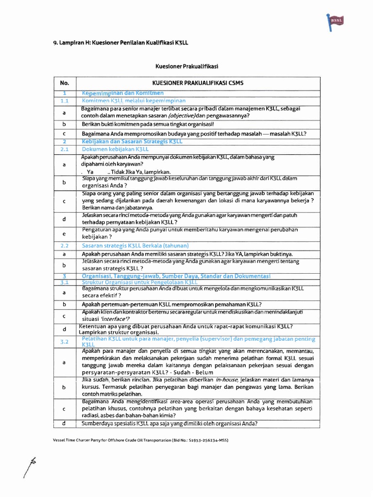 E. Kuesioner Penilaian Kualifikasi K3LL - Lampiran H PDF | PDF