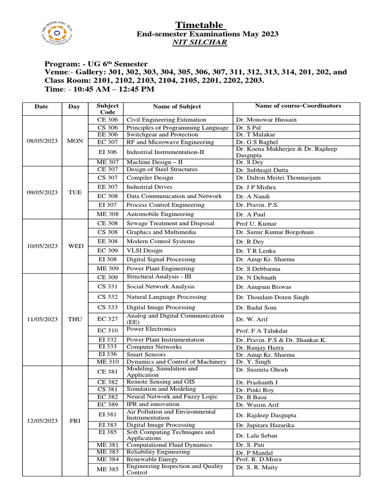Time Table End Sem May 2023 UG 6th | PDF