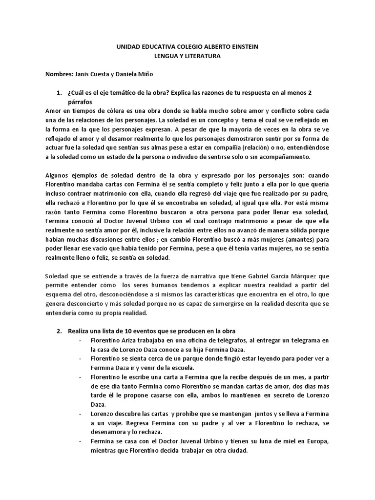 Formativa 3 Análisis - El Amor en Los Tiempos Del Cólera | PDF