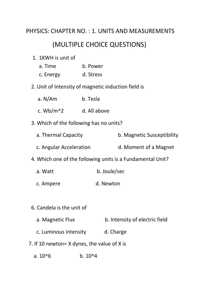 Understanding Units and Measurements: A Collection of Multiple Choice ...