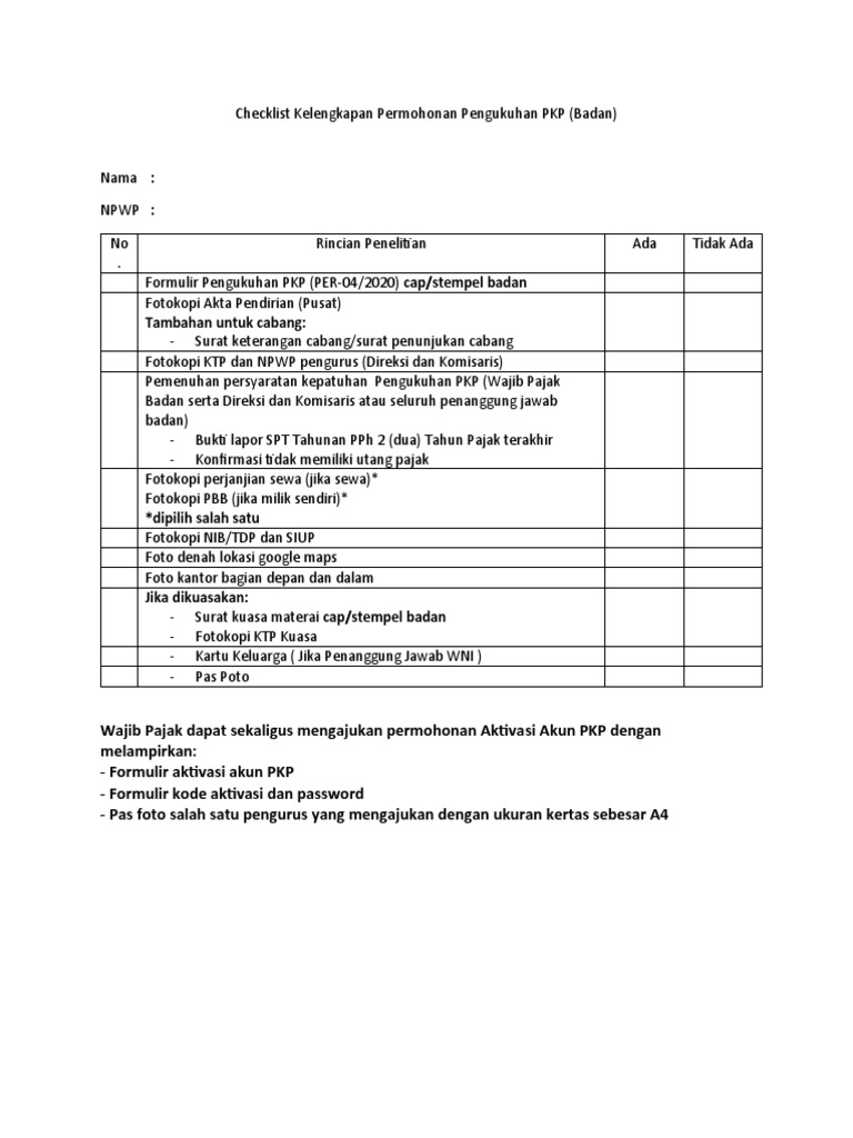 Checklist Permohonan Pengukuhan PKP | PDF | Pengelolaan Keuangan & Uang | Hukum