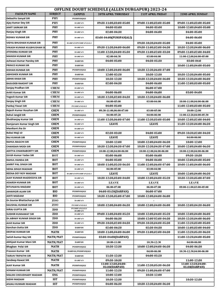 Offline Doubt Schedule (Allen Durgapur) 2023-24 | PDF