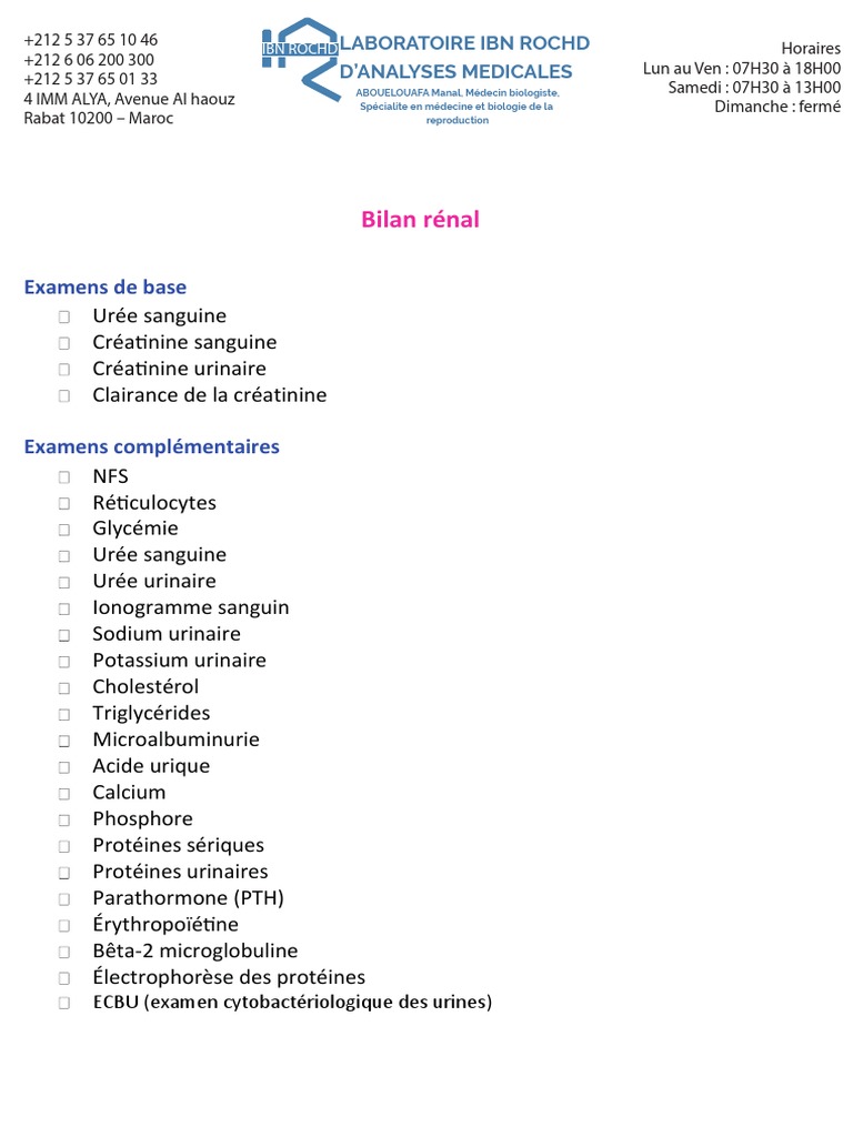 Bilan rénal complet et analyses associées | PDF