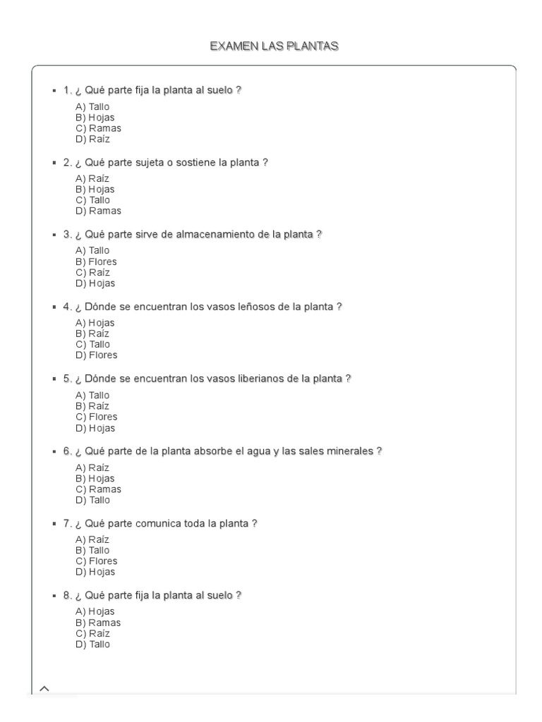 Examen sobre las Partes de las Plantas | PDF