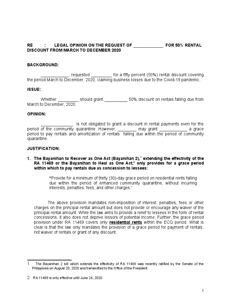 Legal Opinion - Request For 50% Discount On Rental | PDF