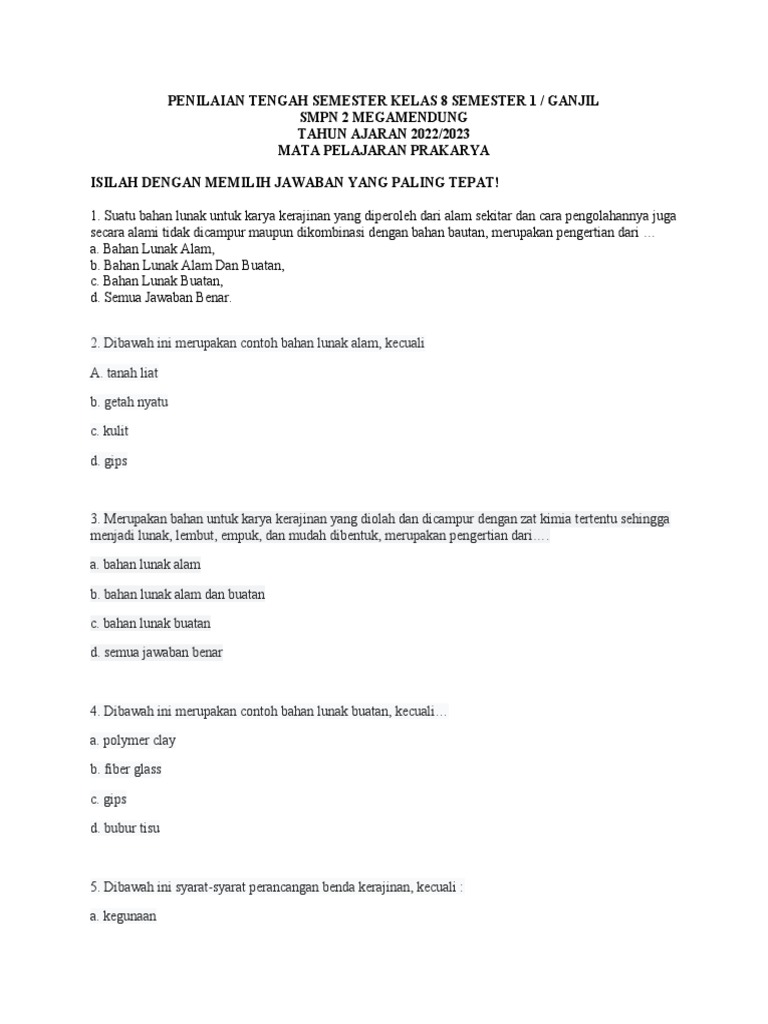 Soal PTS Prakarya 8 Ganjil | PDF | Seni