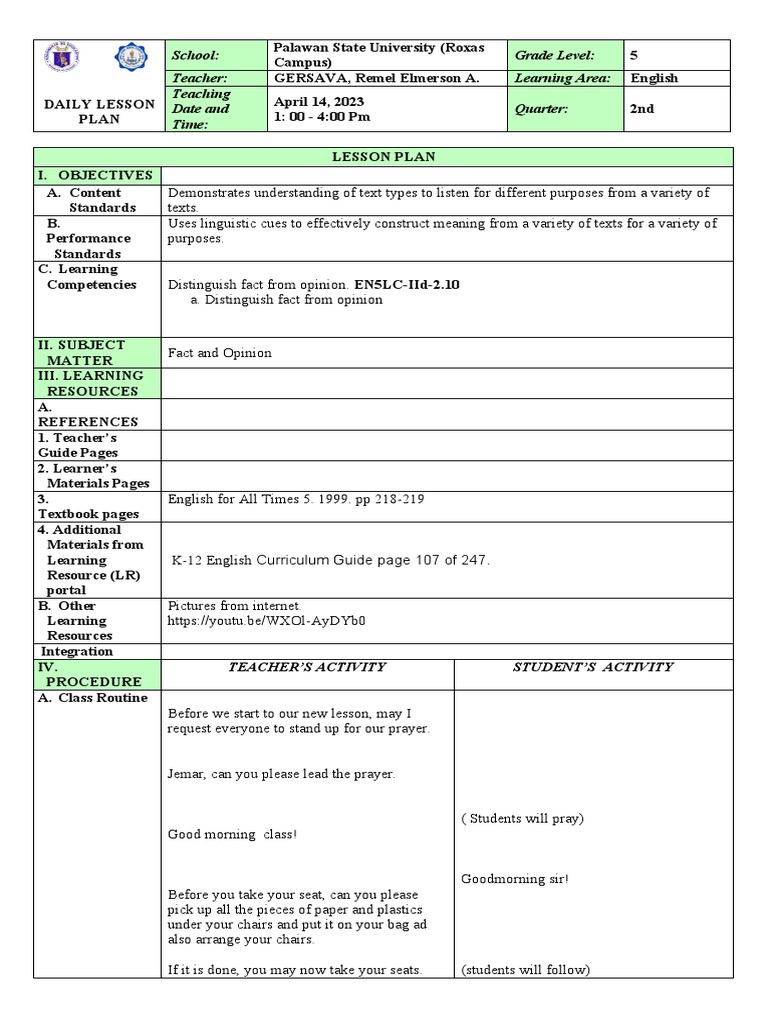 Grade 5 English Lesson: Fact vs. Opinion | PDF