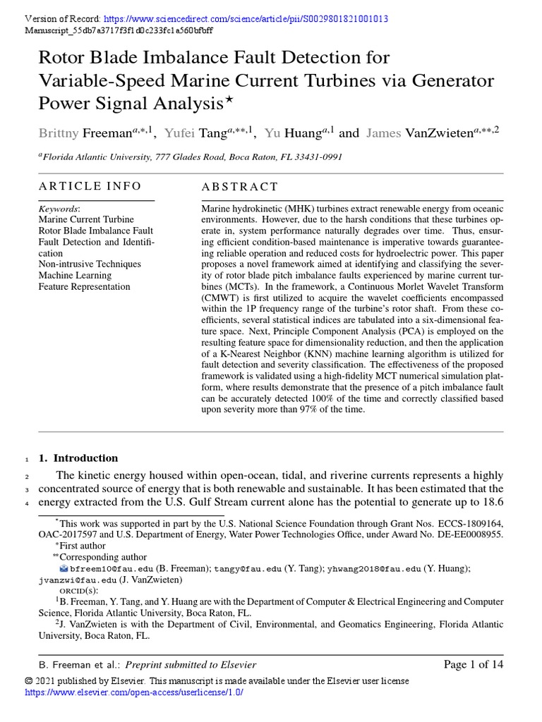Rotor Blade Imbalance Fault Detection For Variable-Speed Marine Current Turbines Via Generator ...