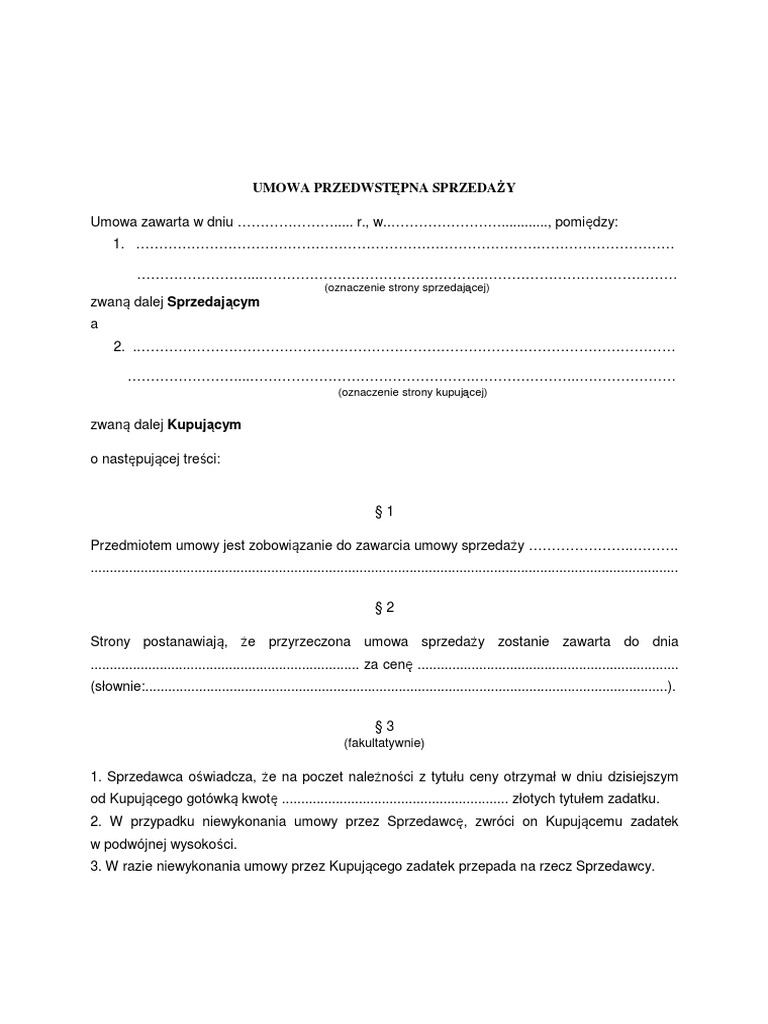 Wzór - Umowa Przedwstepna Sprzedaży | PDF
